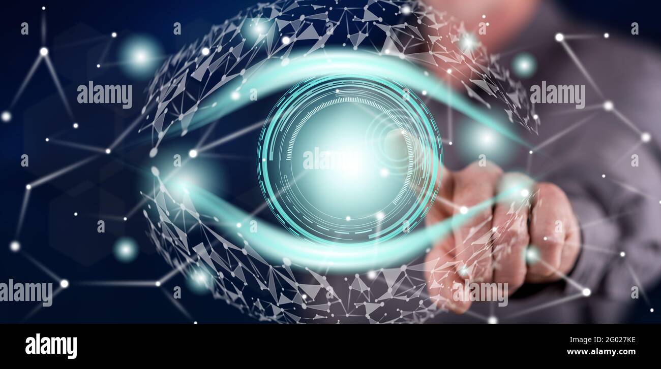 Man touching a digital eye concept on a touch screen with his finger ...