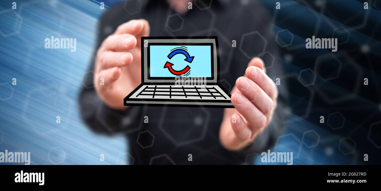 Upgrade concept between hands of a man in background Stock Photo - Alamy