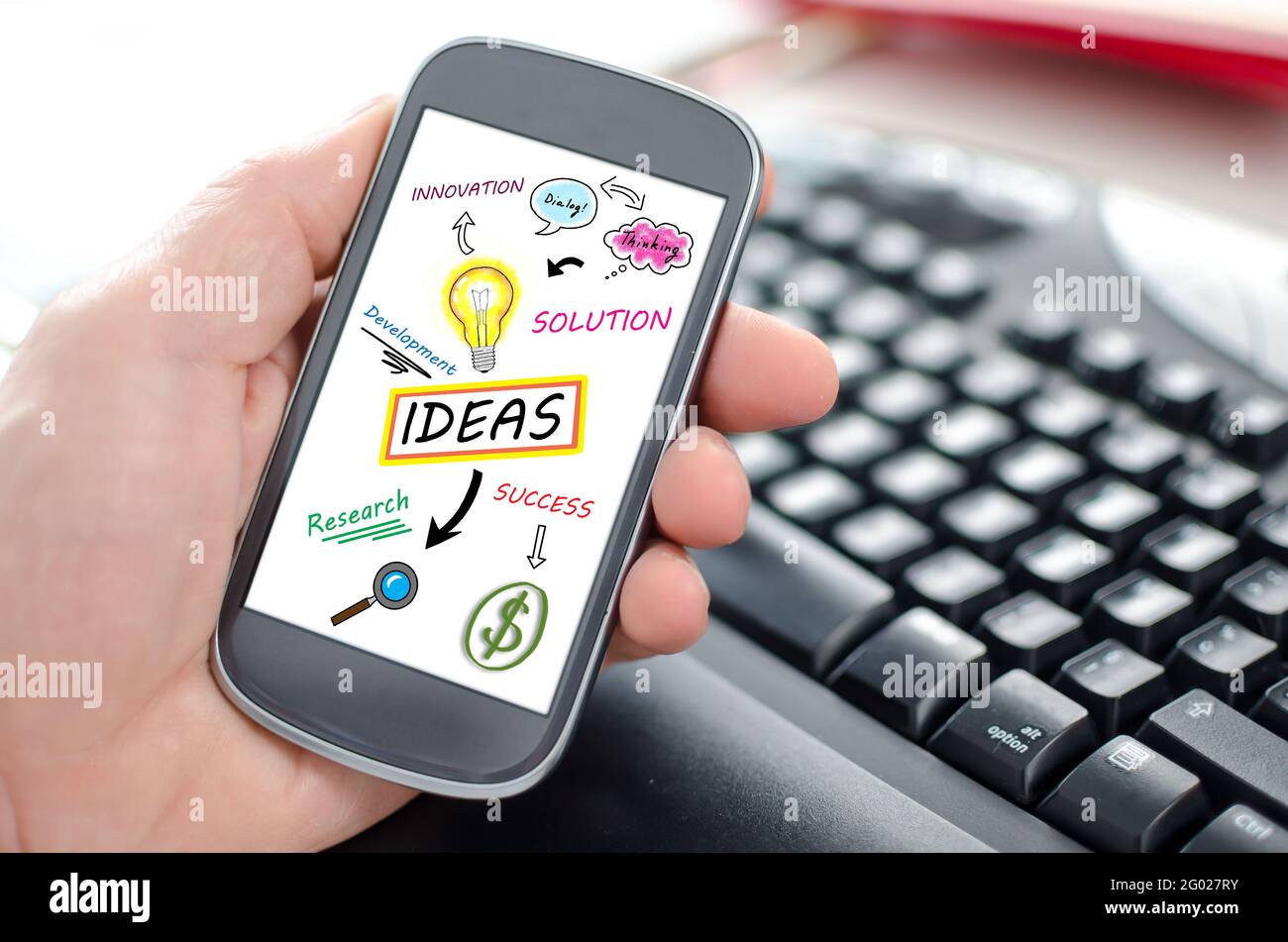 Hand holding a smartphone showing an ideas concept Stock Photo - Alamy