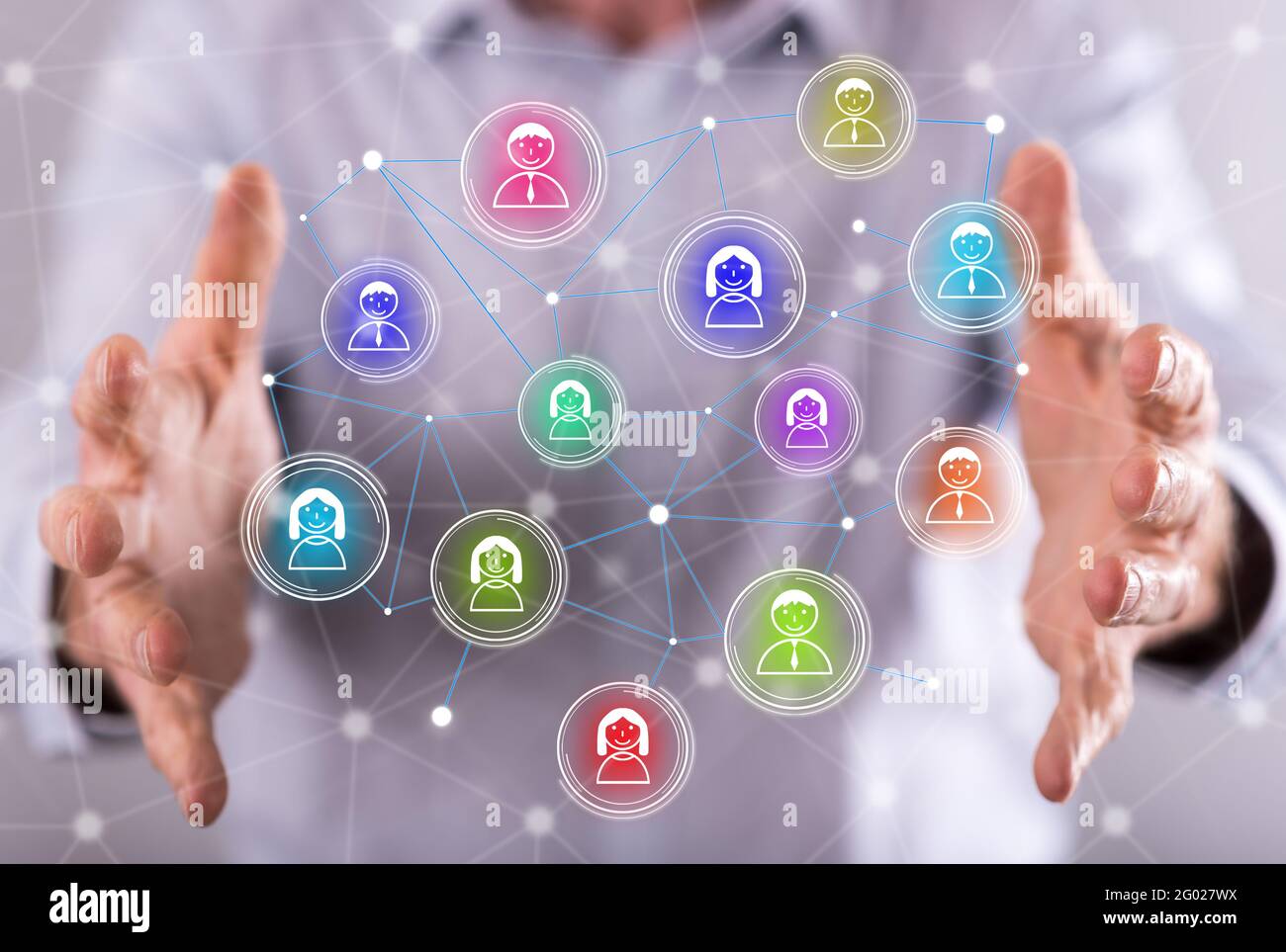 Social network concept between hands of a man in background Stock Photo ...