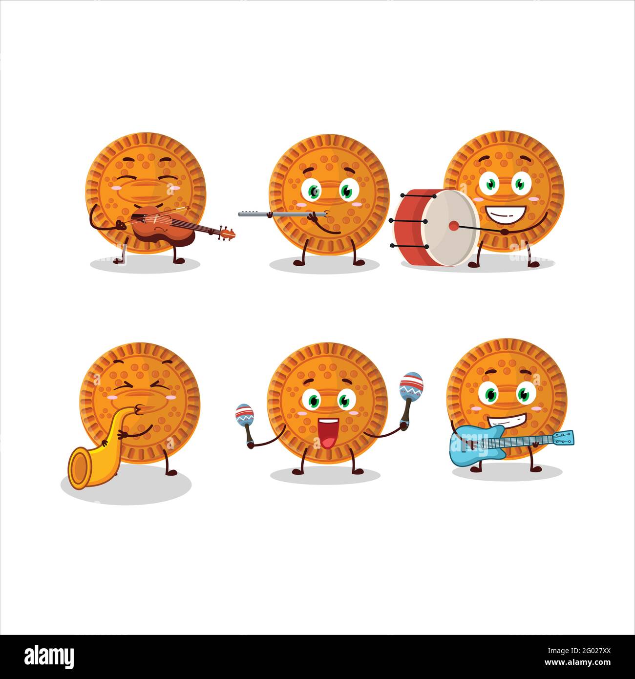 Cartoon character of orange biscuit playing some musical instruments ...
