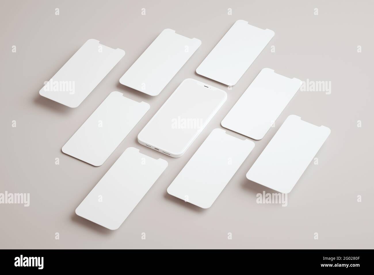 Mobile phone blank screen mockup and multiple slides floating in 3D ...