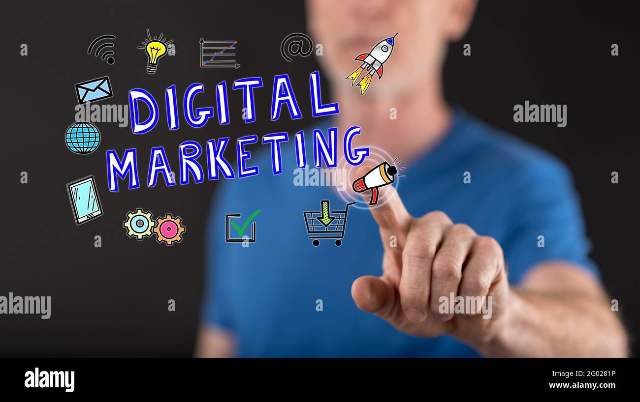 Man touching a digital marketing concept on a touch screen with his ...