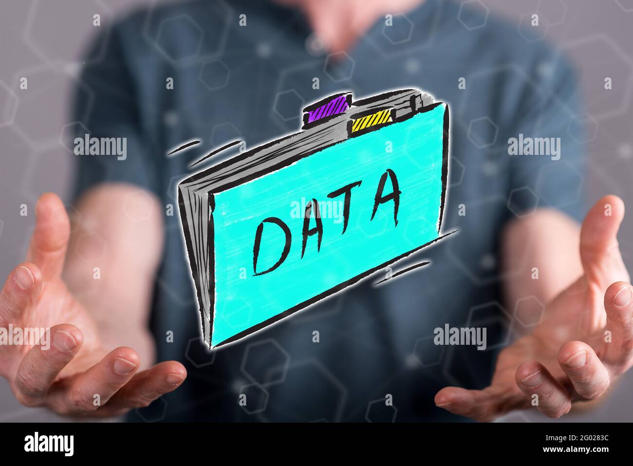 Data concept between hands of a man in background Stock Photo - Alamy