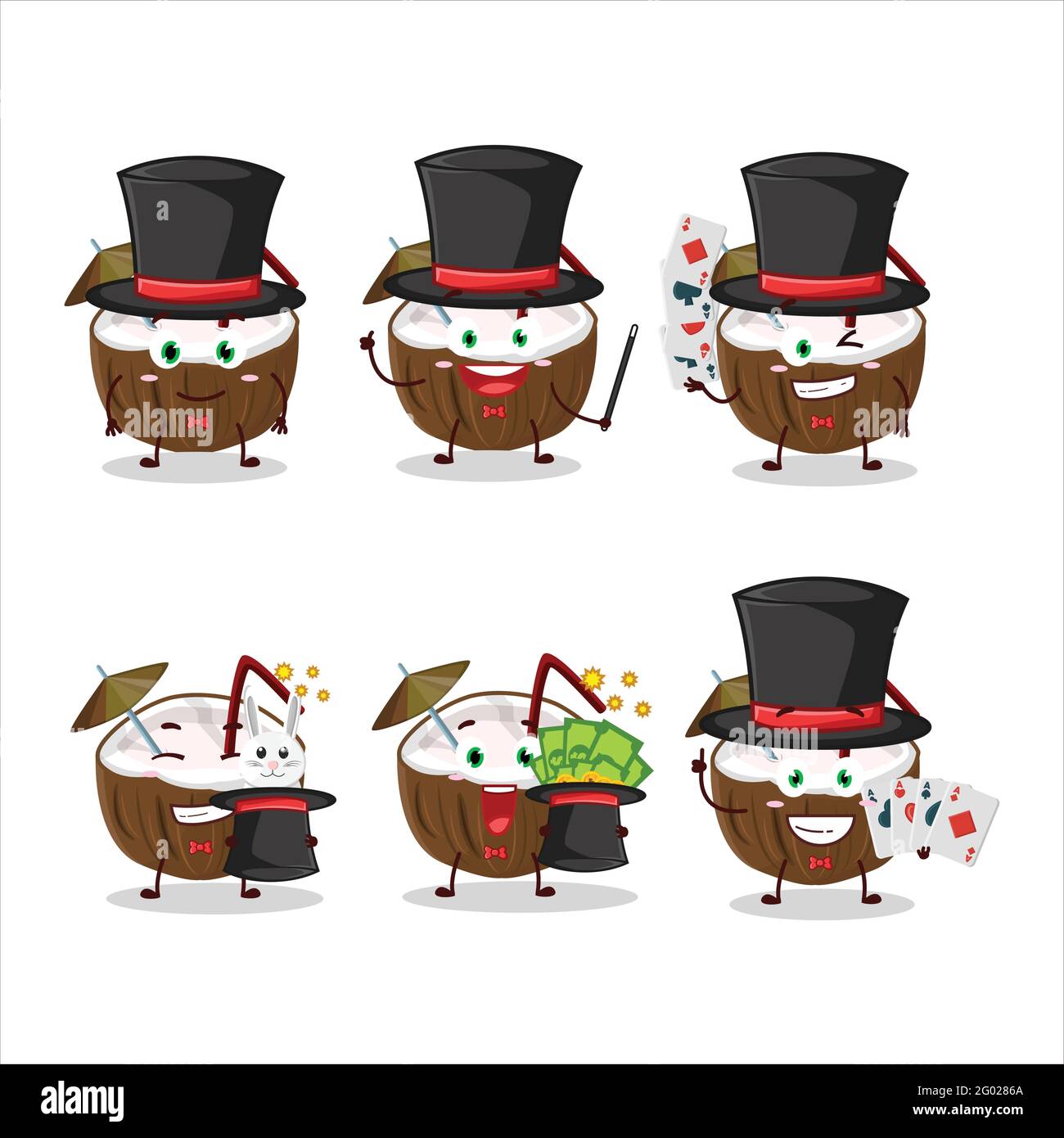 A coconut drink Magician cartoon character perform on a stage. Vector ...