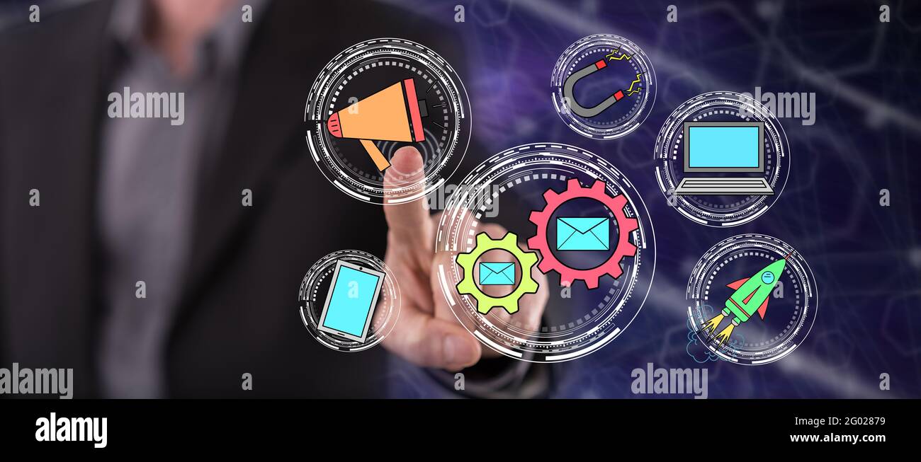 Man touching a digital marketing concept on a touch screen with his ...