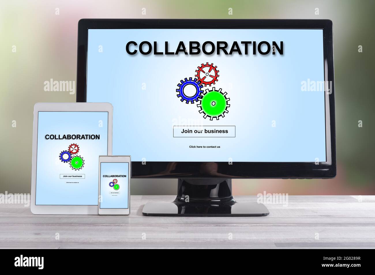 Collaboration concept shown on different information technology devices ...