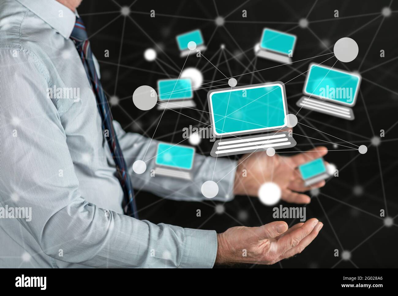 Devices connection concept above the hands of a man Stock Photo - Alamy