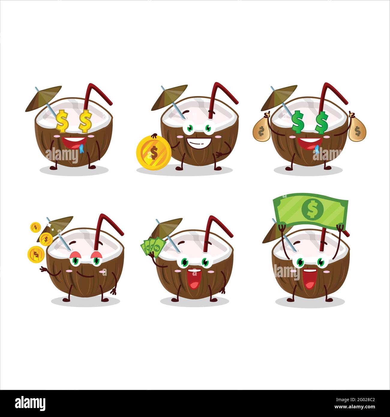 Coconut drink cartoon character with cute emoticon bring money. Vector ...