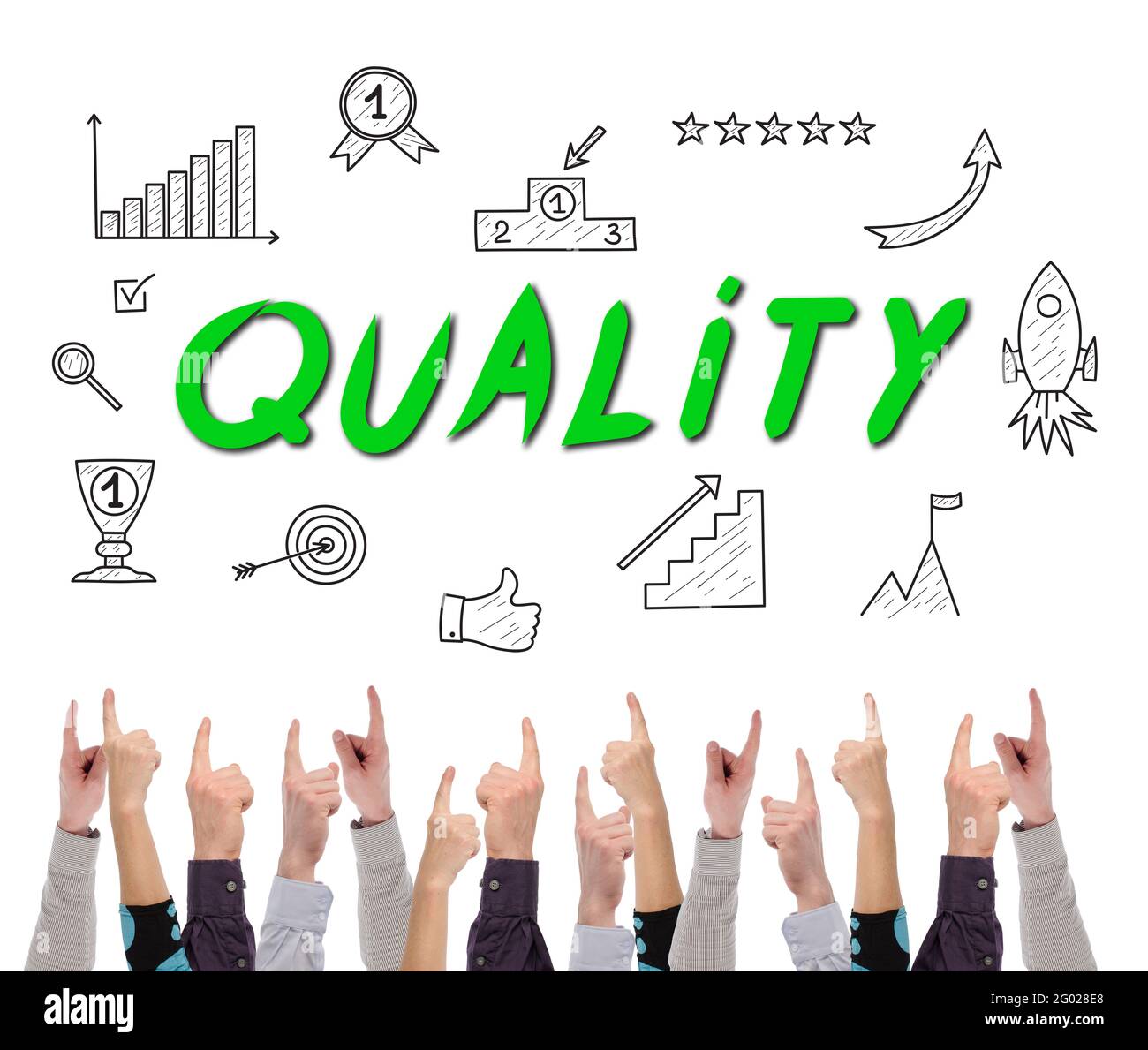 Quality concept on white background pointed by several fingers Stock ...