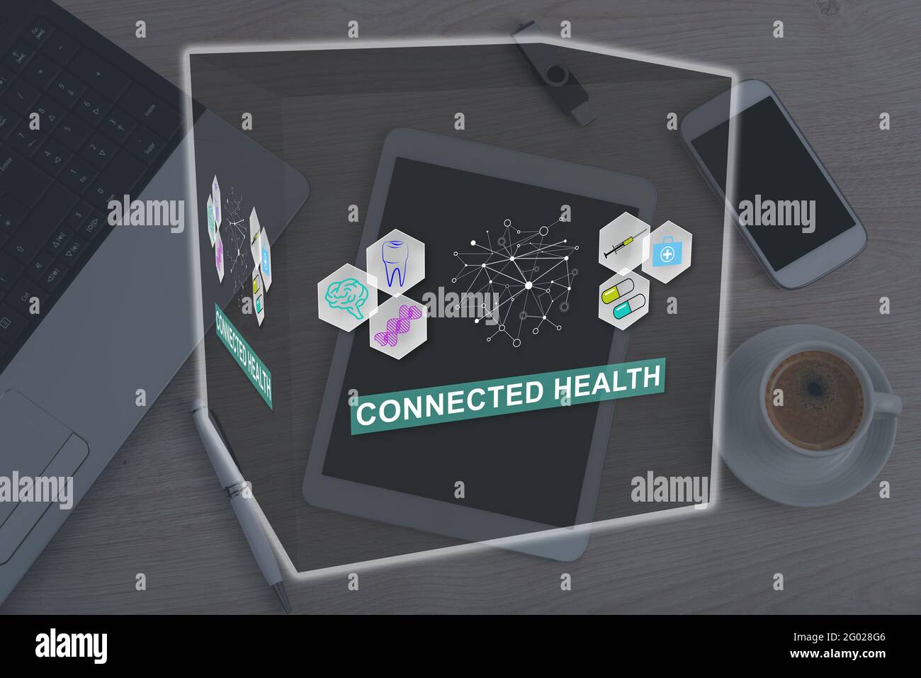 Connected health concept illustrated by a picture on background Stock ...