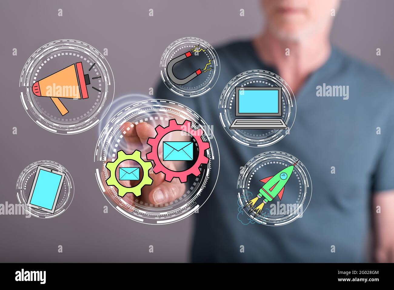 Man touching a digital marketing concept on a touch screen with his ...