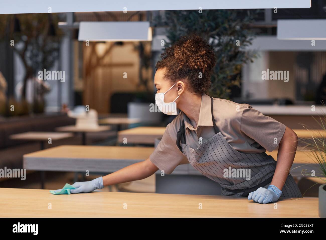 Side view portrait of young woman wearing mask while cleaning tables in ...