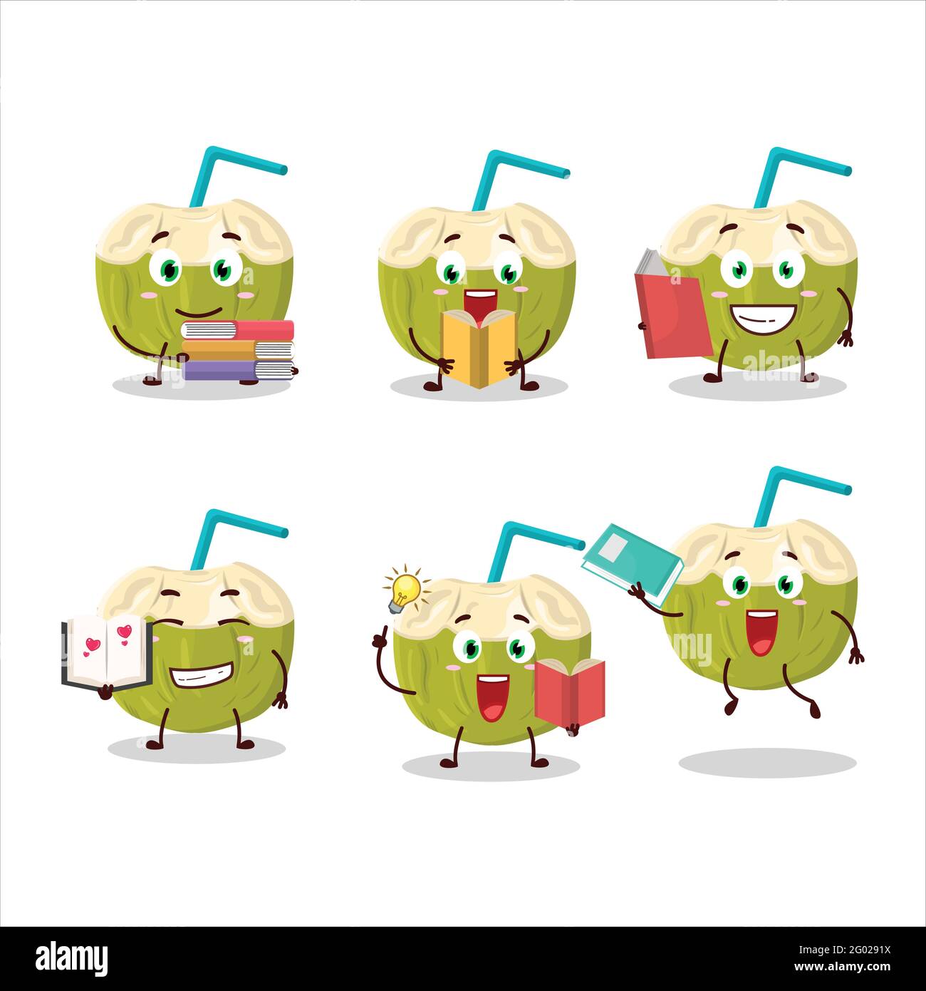 A picture of green coconut drink cartoon character concept reading an ...
