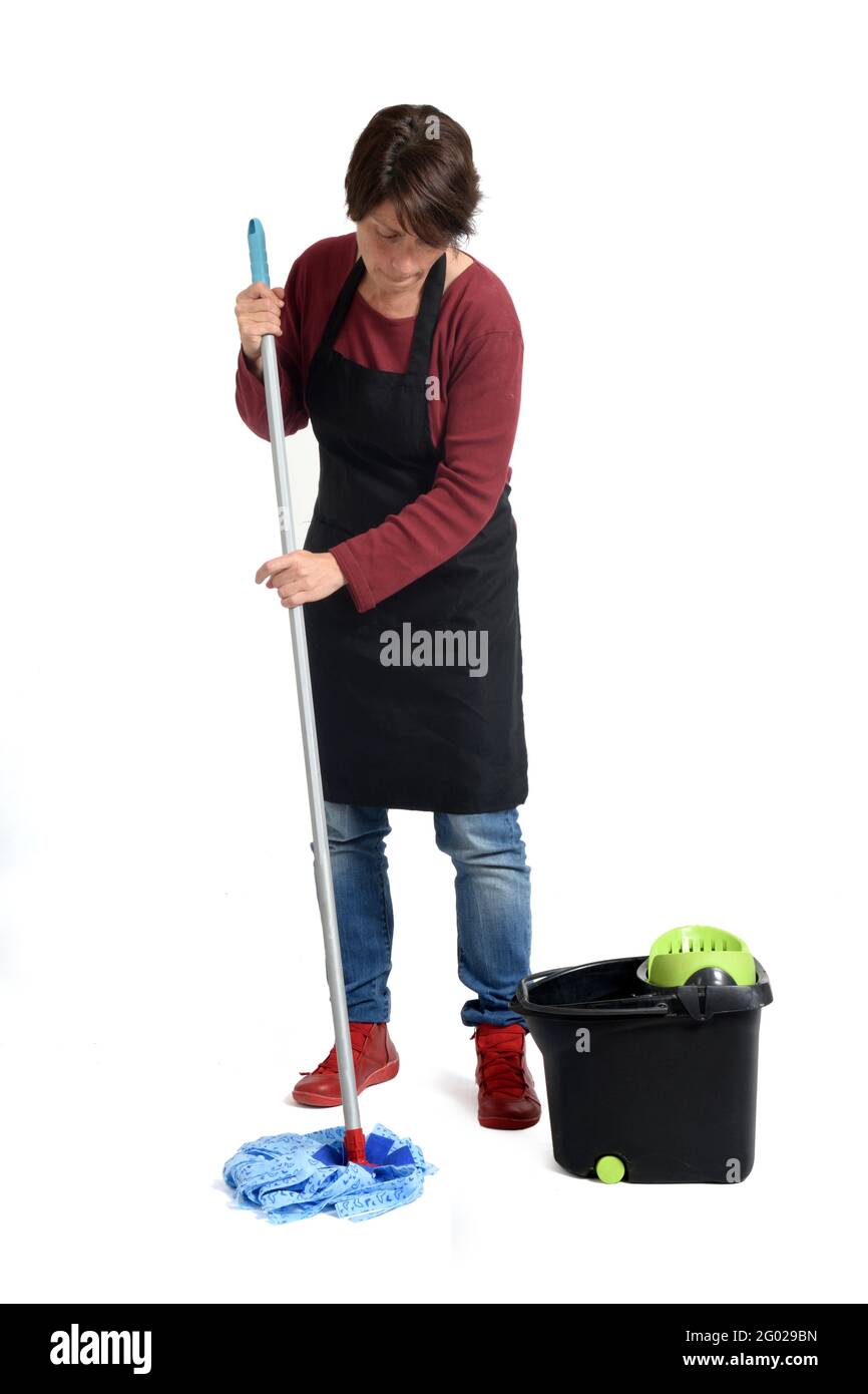 front view of a woman who is mopping the floor on white background ...