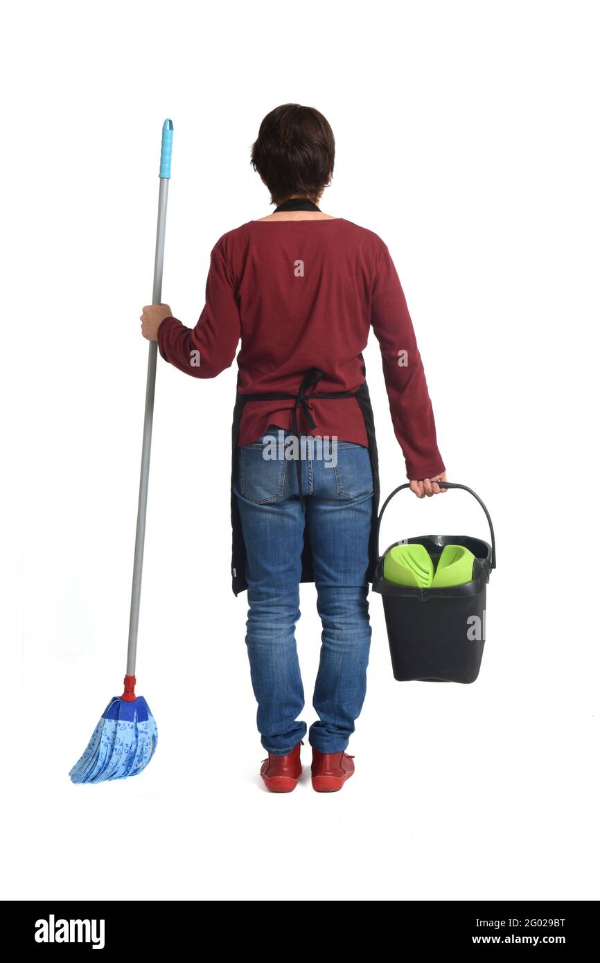 rear view of a woman with a mop and bucket on white background Stock ...