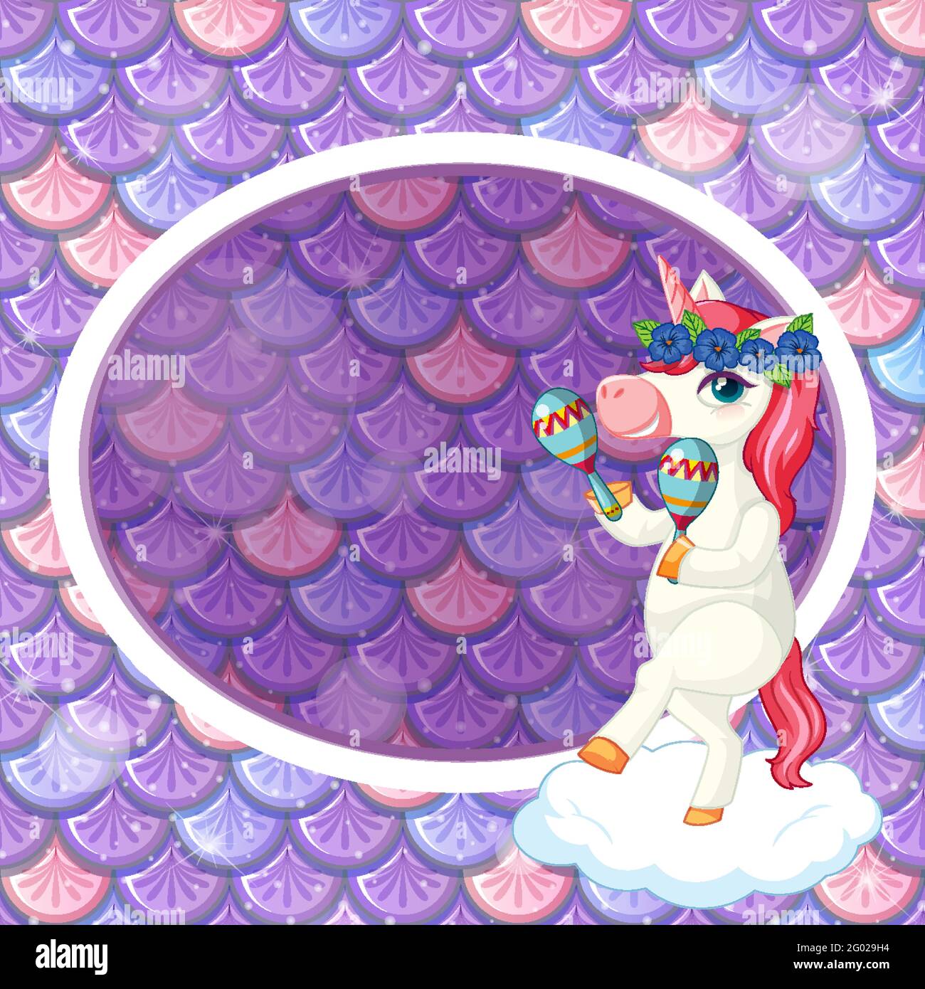 Oval frame template on purple fish scales background with cute unicorn ...