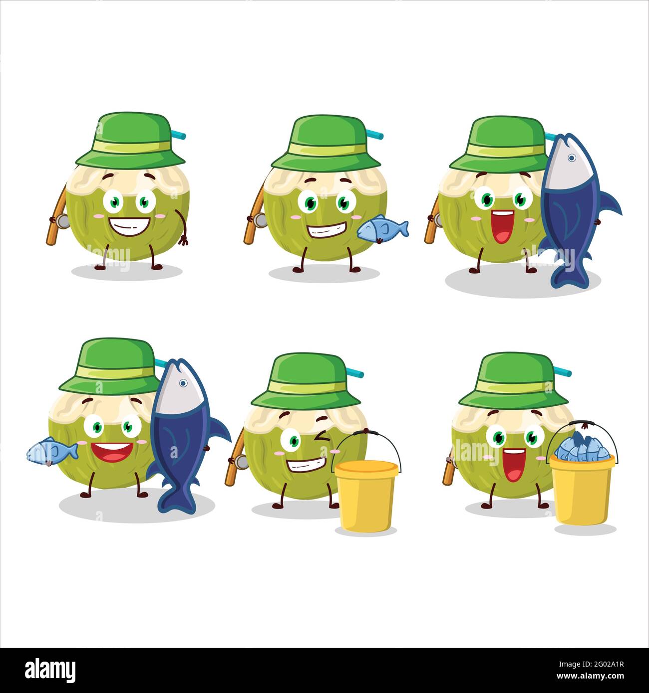 A fisherman green coconut drink cartoon picture catch a big fish ...