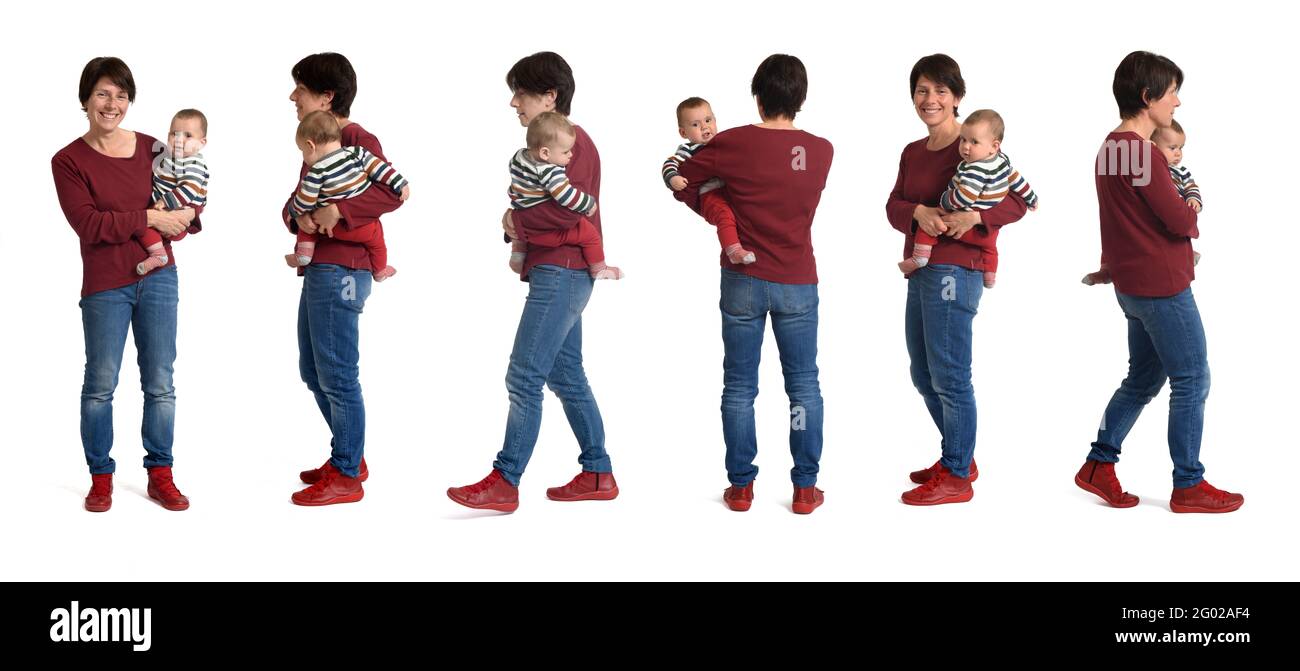 same mother carrying her baby various poses standing and walking on ...