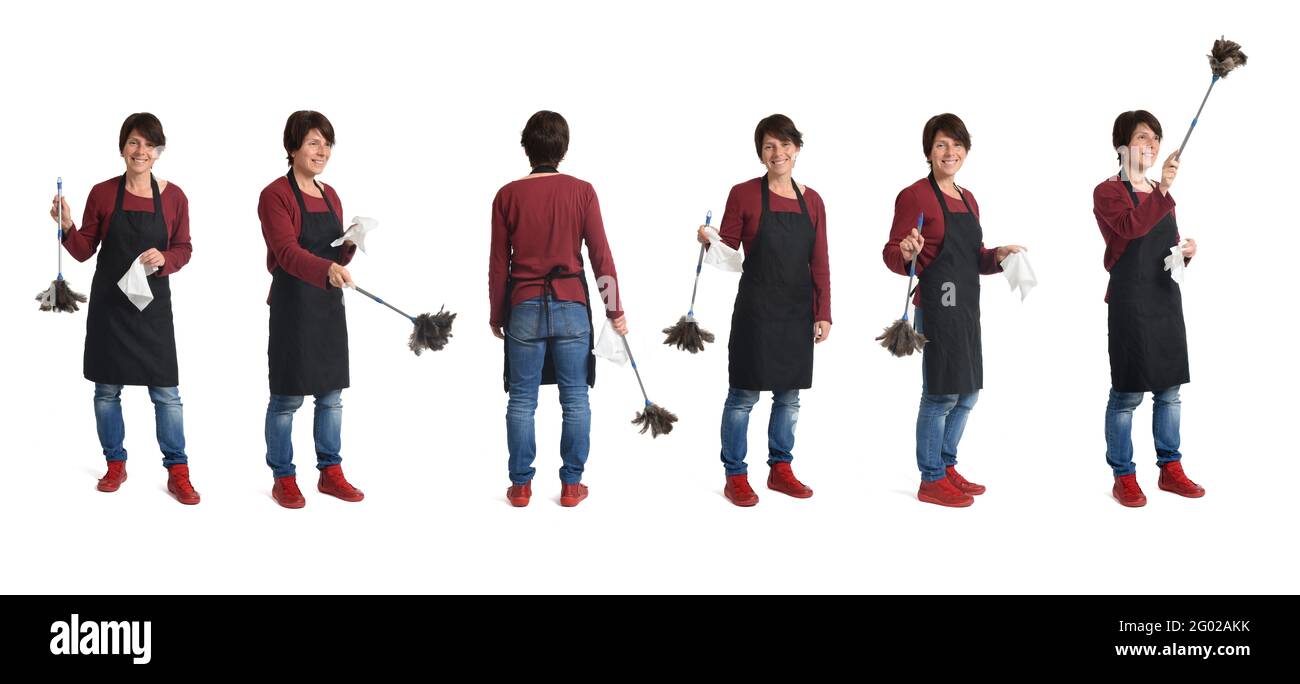 group of same woman with duster and dusting paper various poses on ...