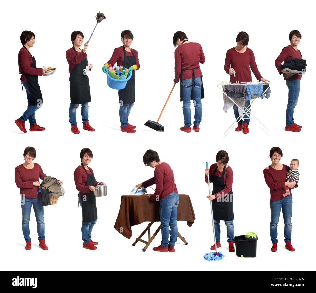 the same woman with the housework she has at home on white background ...