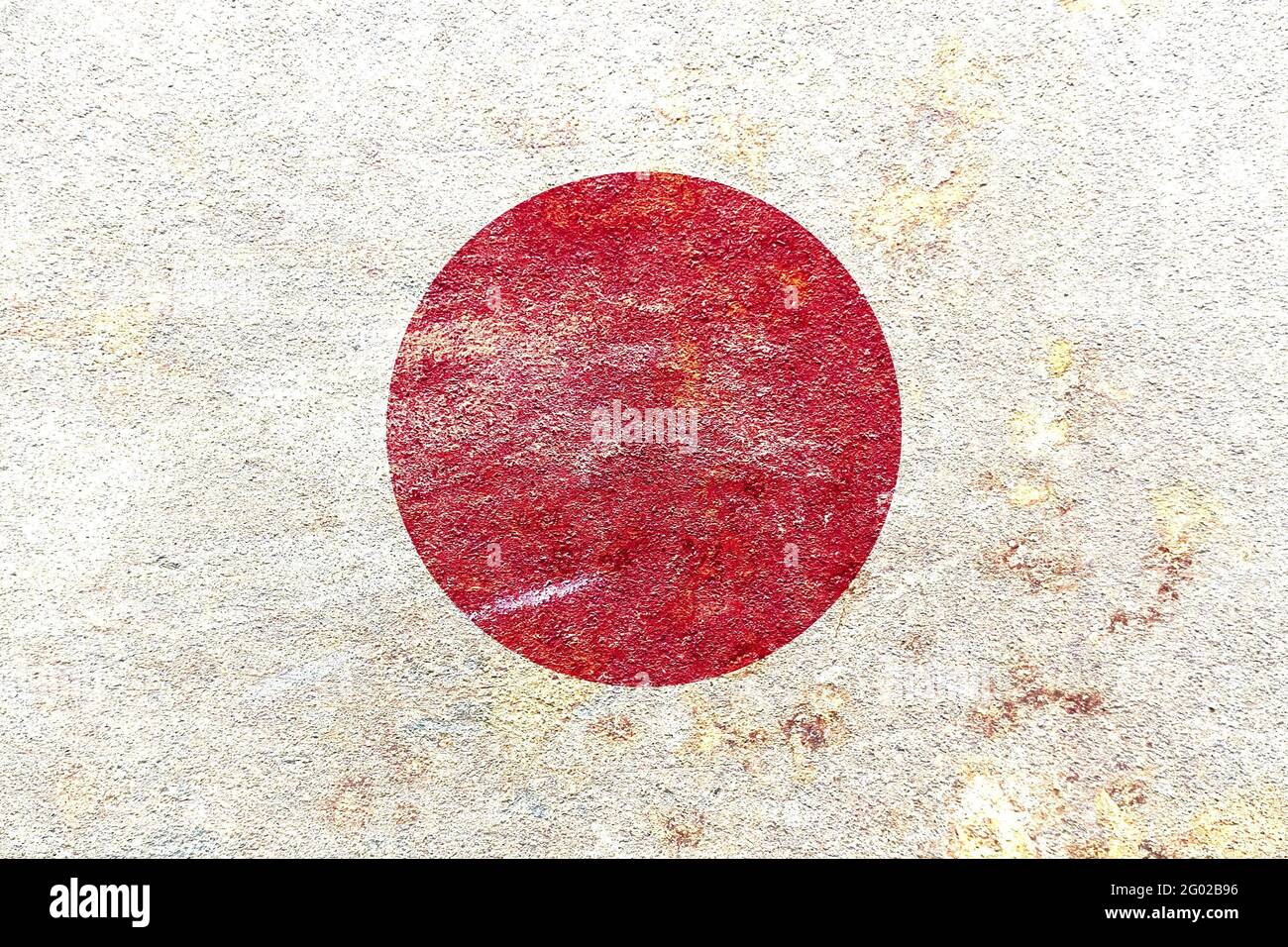 Japan national flag banner pattern on rusty mottled iron wall ...
