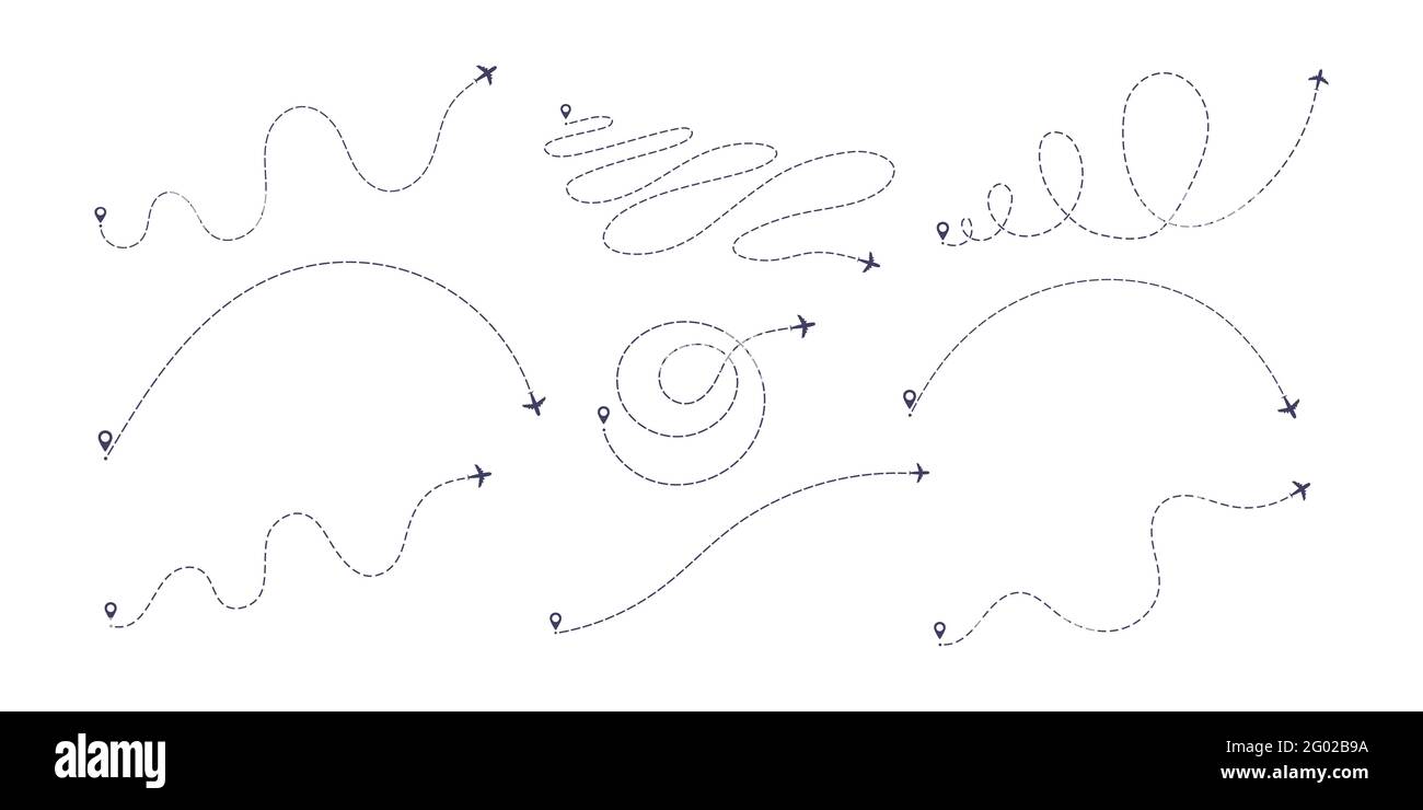 Airplane dashed line path flat style design vector illustration set ...