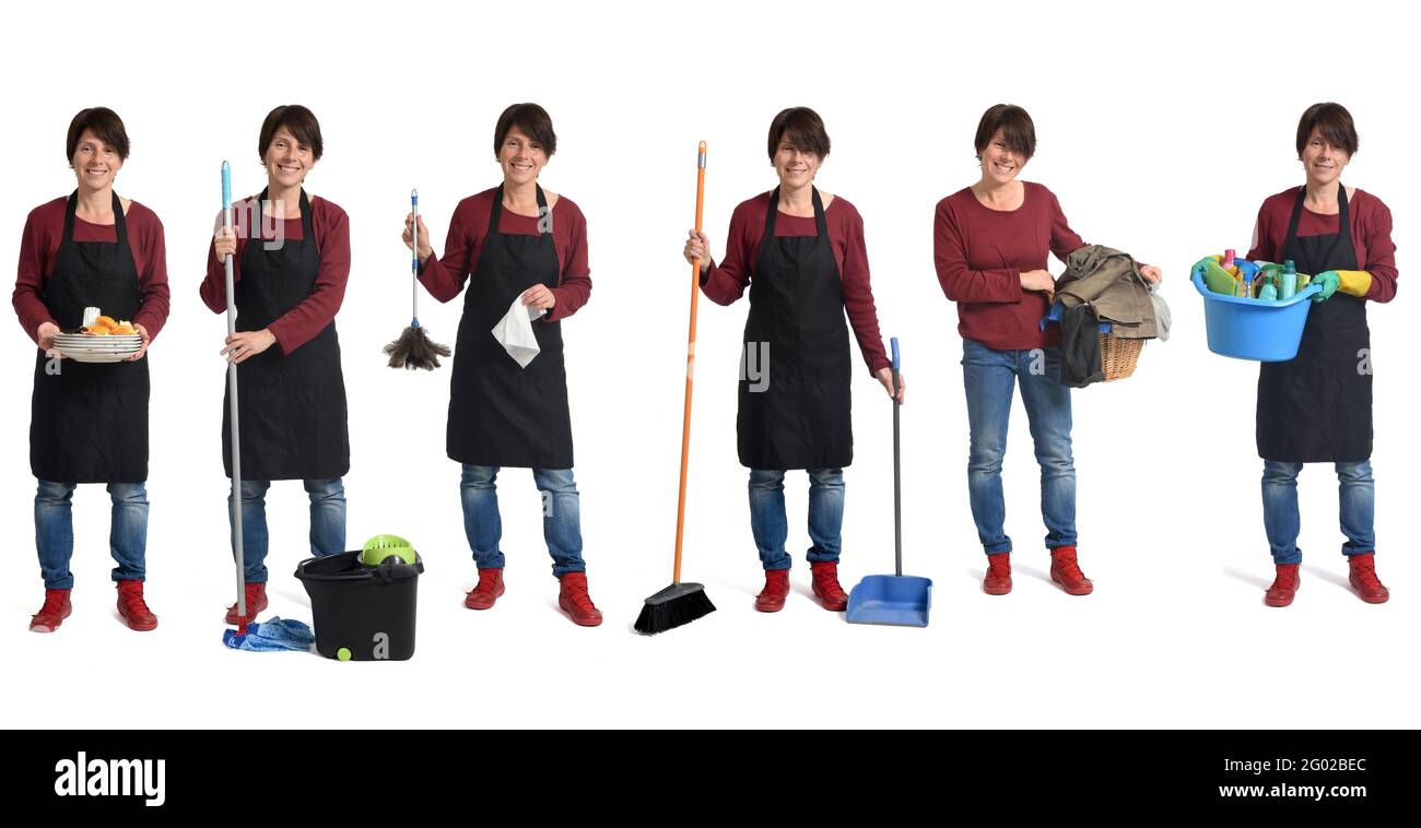 the same woman does cleaning chores, scrub floor dusting, sweeping ...