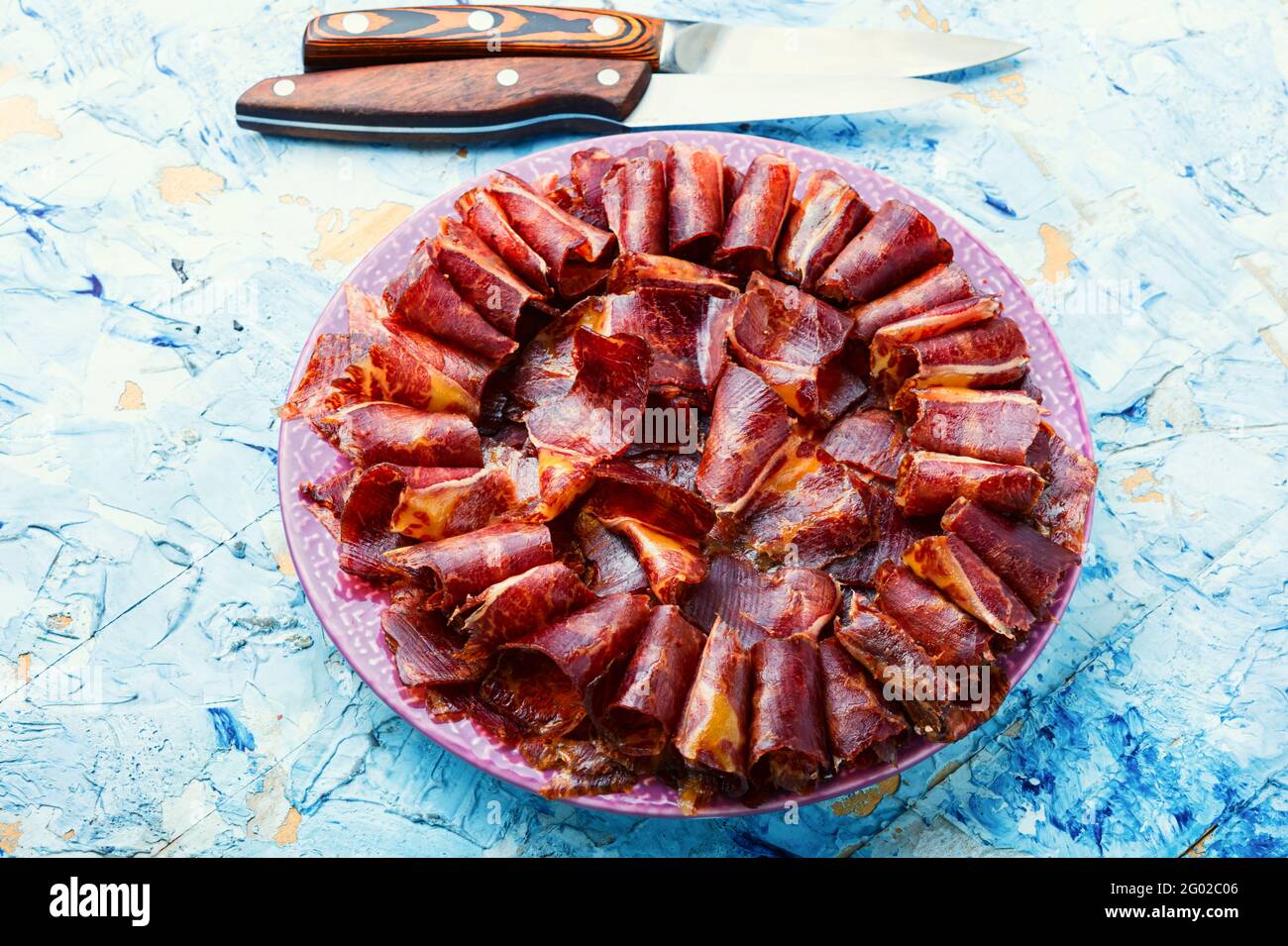 Sliced basturma or meat jerky.Beef jerky,dried beef.Armenian food Stock ...