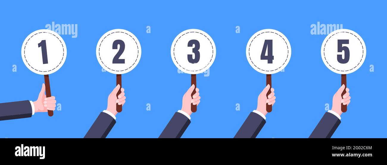 Hand hold round score card banner plate with numbers 1,2,3,4,5 business ...