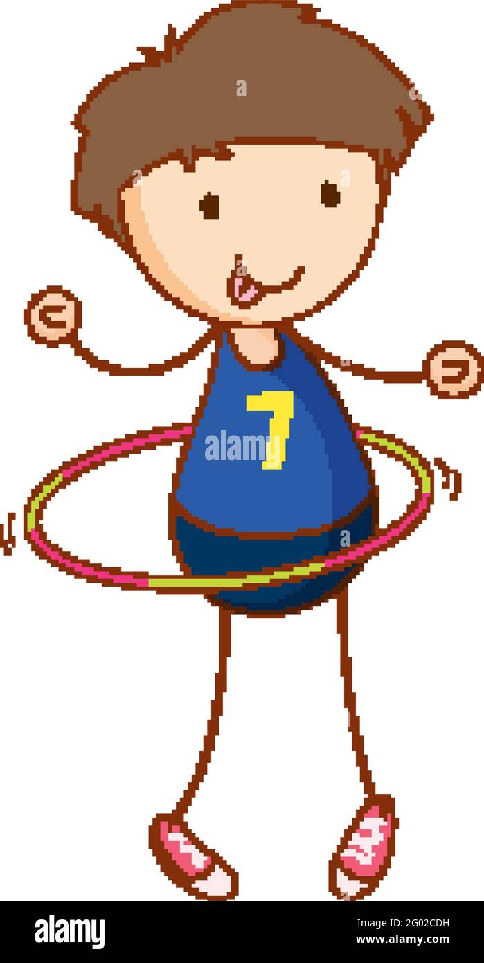 Cute boy playing hula hoop cartoon character in hand drawn doodle style ...