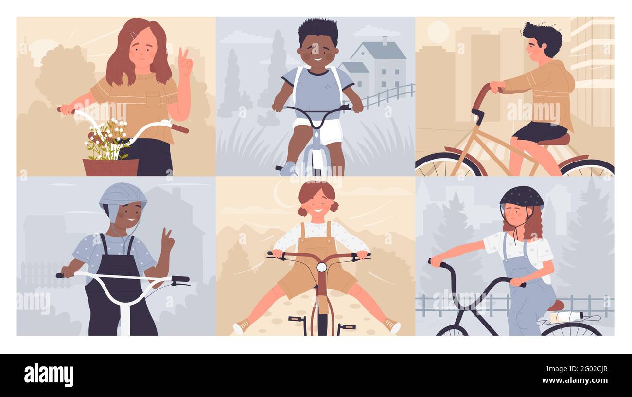Kids ride bicycles, children cycling vector illustration set. Cartoon ...