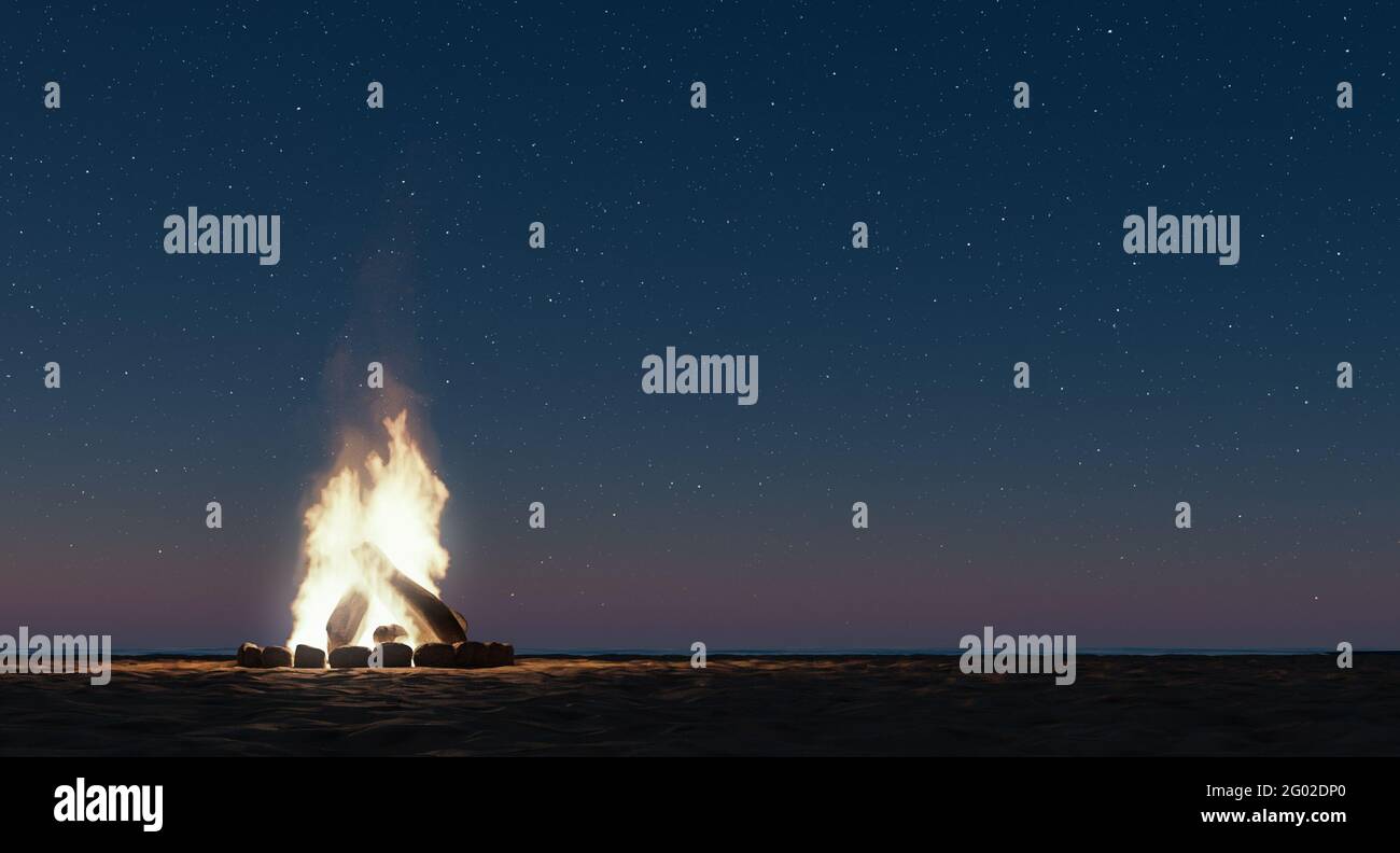 small bonfire on the beach with a starry night with copy space. bonfire ...