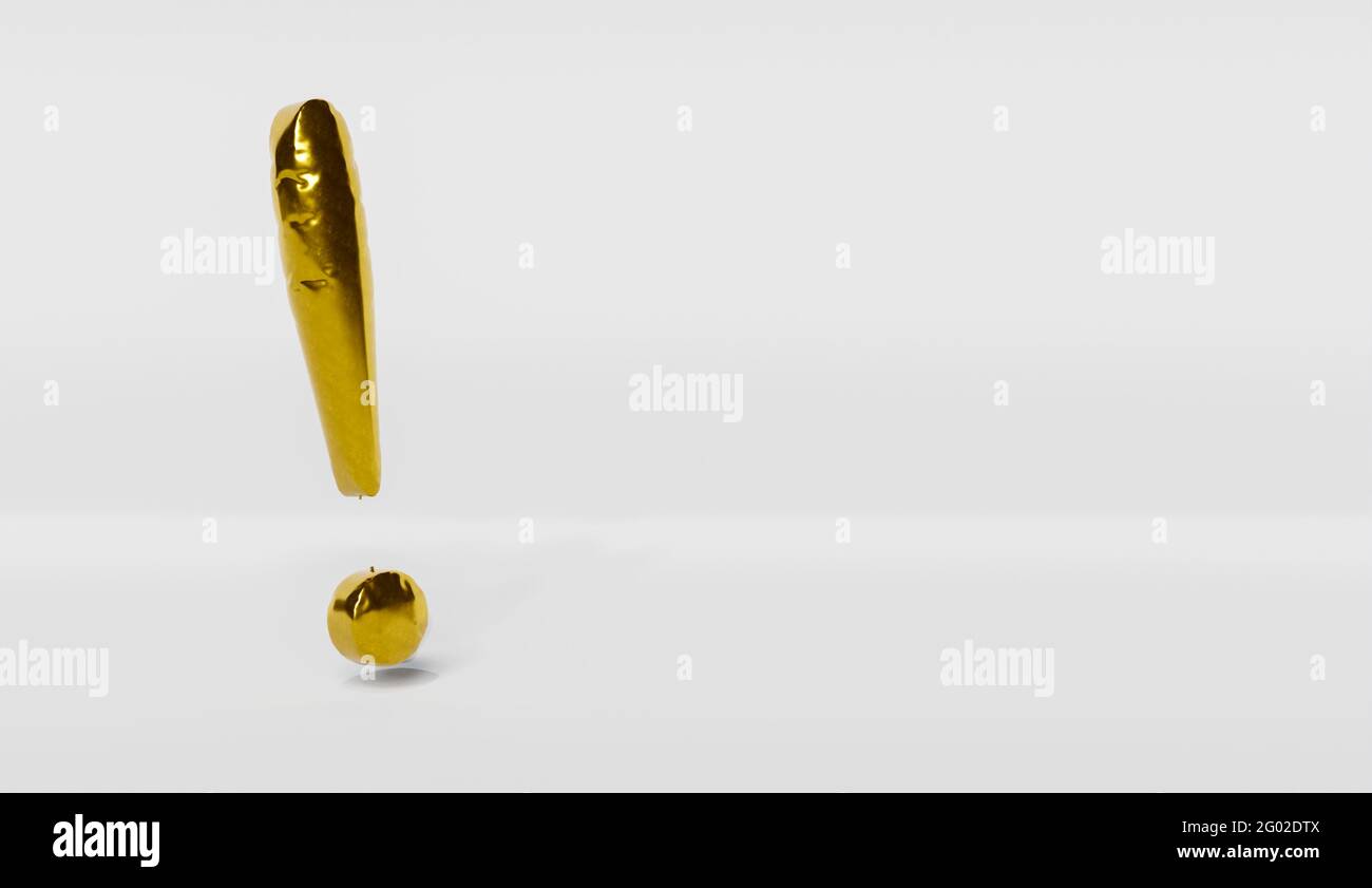 golden balloon exclamation sign on white background with copy space. 3d ...