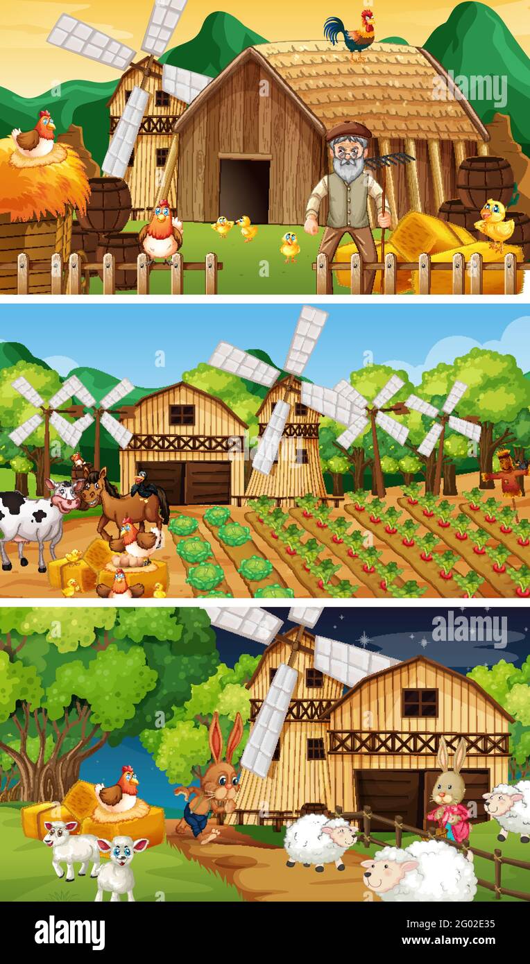 Different farm scenes with old farmer and animal cartoon character ...