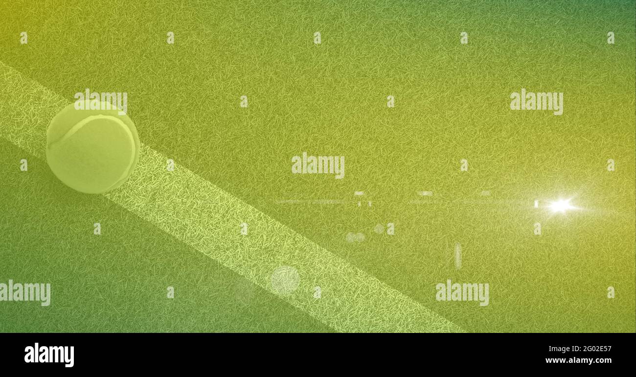 Composition of tennis ball on white line on tennis court with light and ...