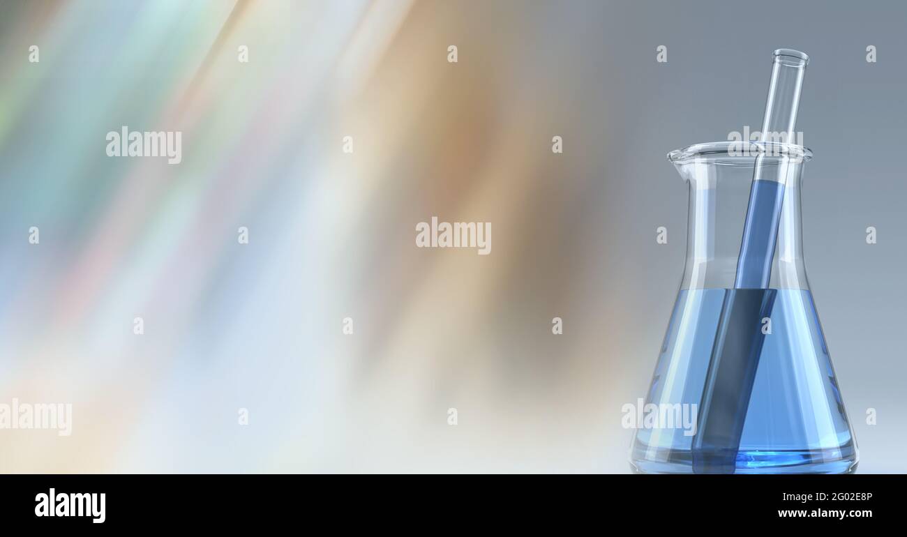 Composition of conical flask of blue liquid and stirrer, with blurred ...