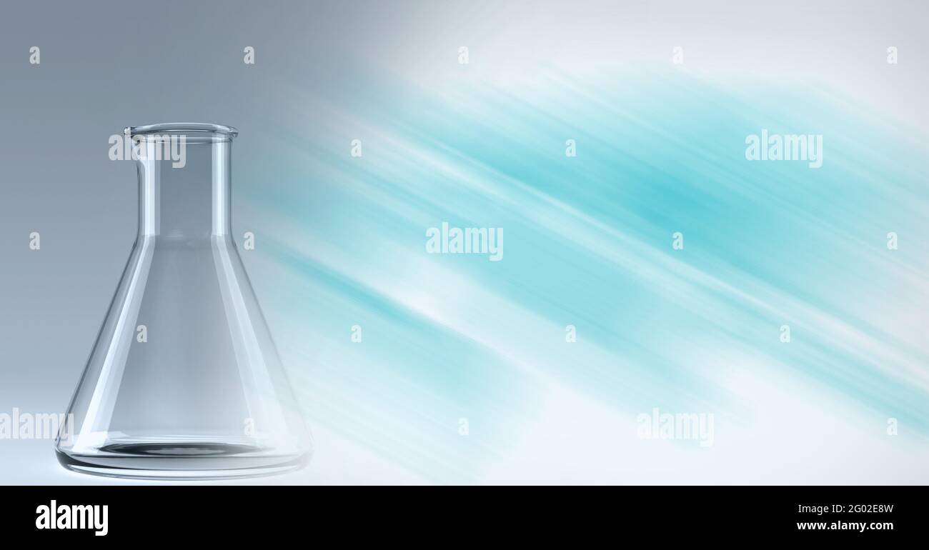 Composition of empty chemistry flask, with blurred white and blue copy ...