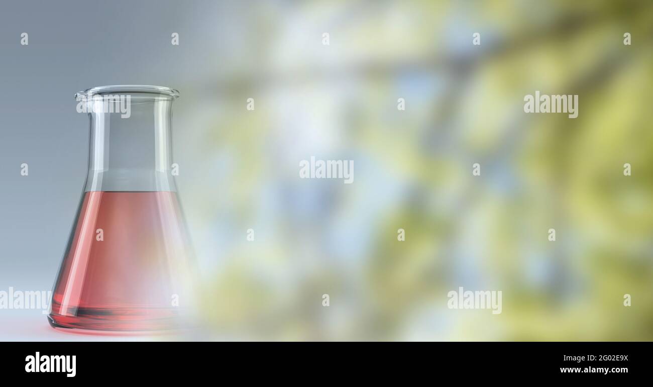 Composition of red liquid in chemistry flask, with blurred tree copy ...