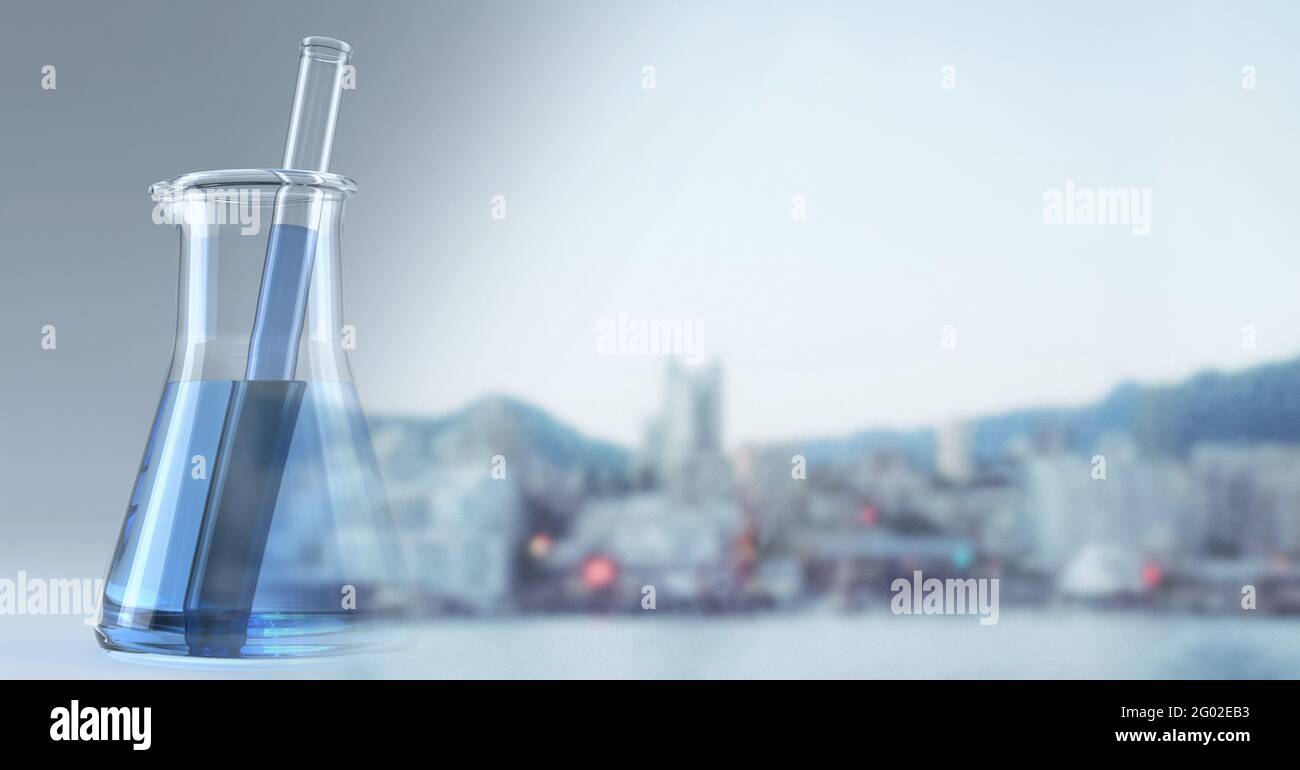 Composition of blue liquid and stirrer in chemistry flask, with blurred ...