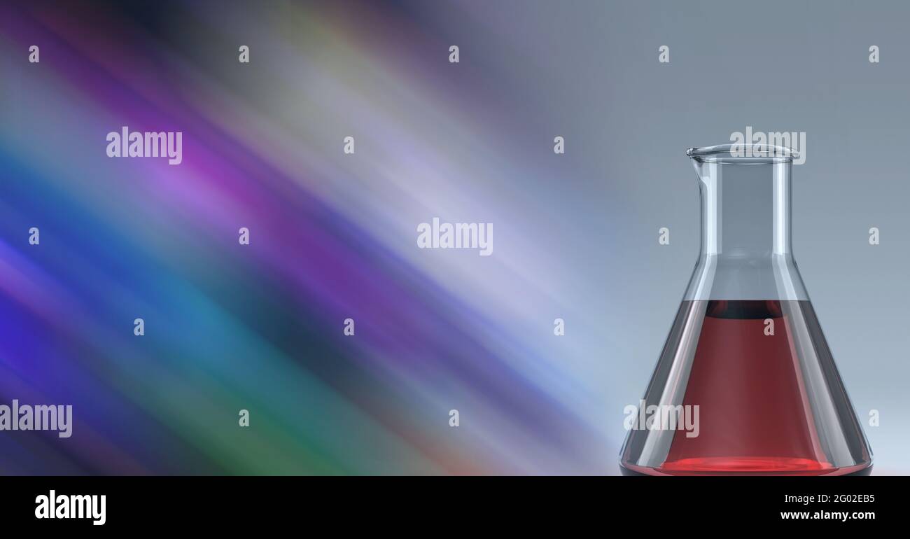 Composition of conical flask of red liquid, with blue and purple ...