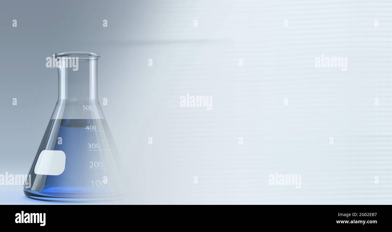 Composition of blue liquid in chemistry flask, with blurred white copy ...