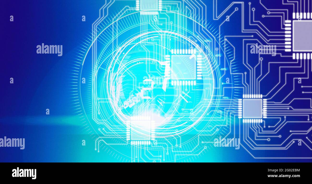 Composition of computer motherboard circuits with glowing safe dial on ...