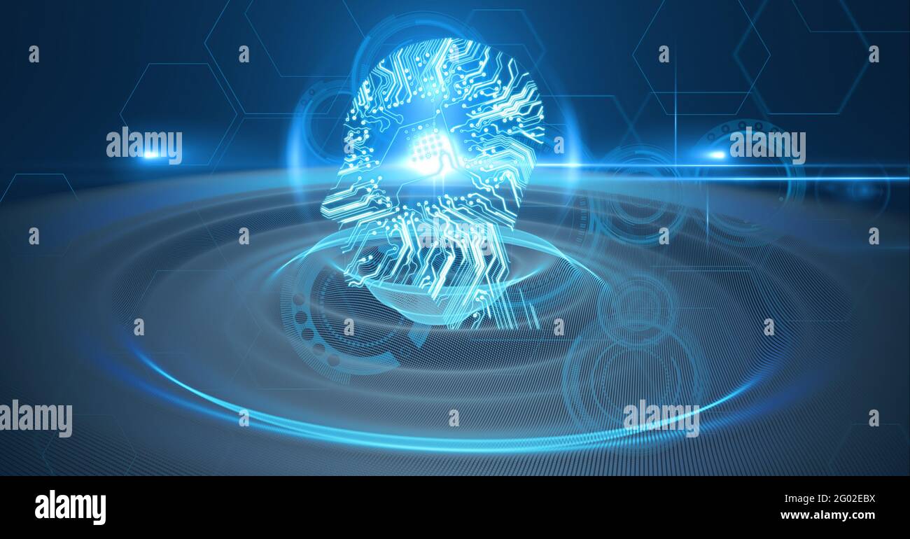 Composition of glowing head shaped computer motherboard over rings in ...