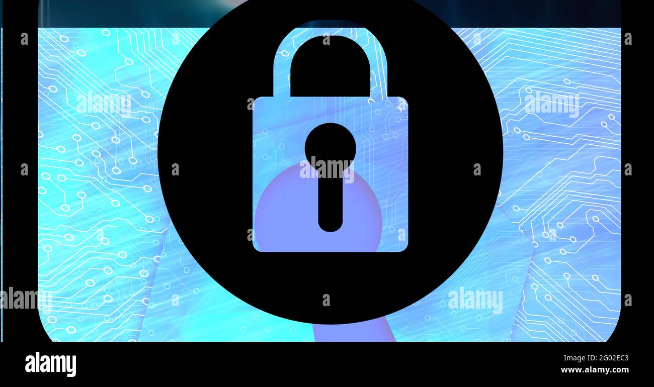 Composition of blue computer motherboard with padlock on central black ...