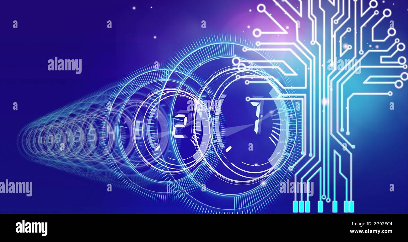 Composition of glowing computer motherboard circuits with safe dials ...