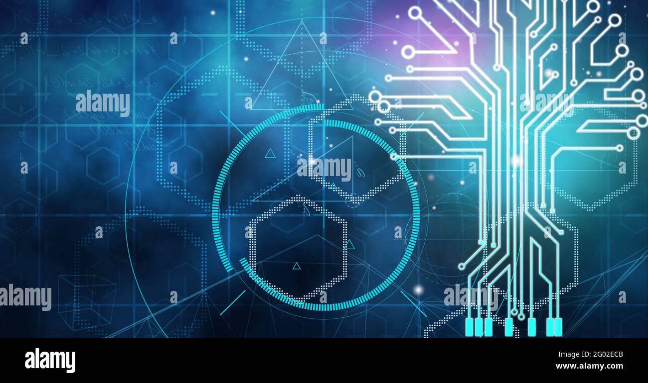 Composition of glowing computer motherboard circuits with circular ...