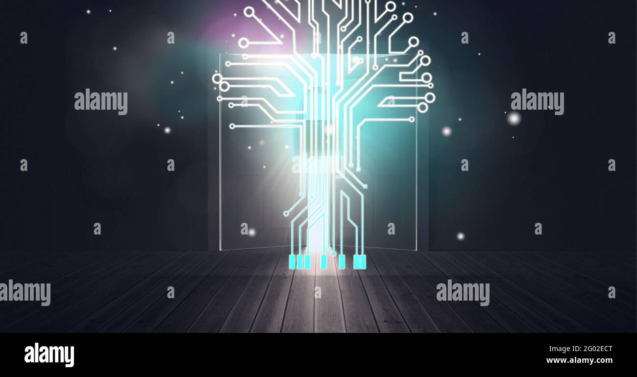 Composition of glowing computer motherboard circuits with padlock on ...