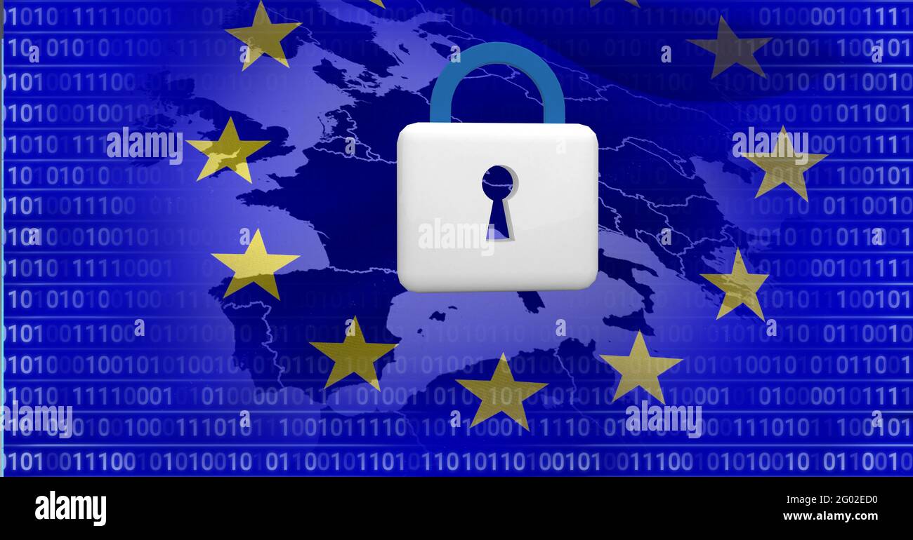 Composition of binary, map and padlock, on european union flag ...