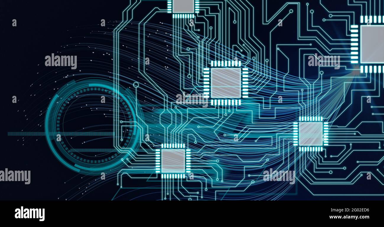 Composition of glowing computer motherboard circuits and microchips ...
